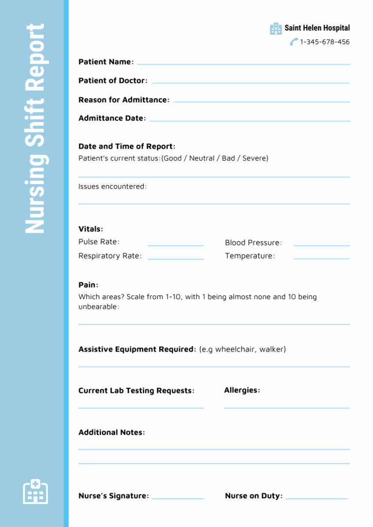 Nursing Closing Shift Note for Documentation Template