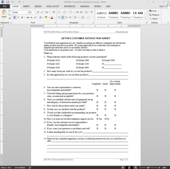 Iso Customer Satisfaction Survey Template