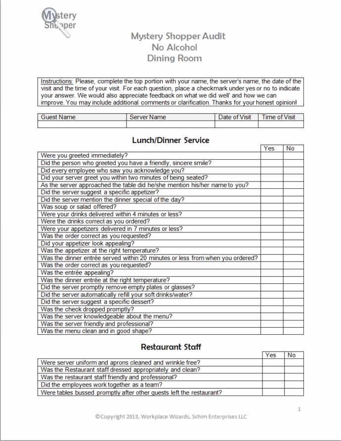 Mystery Shopper Survey Template for Restaurant