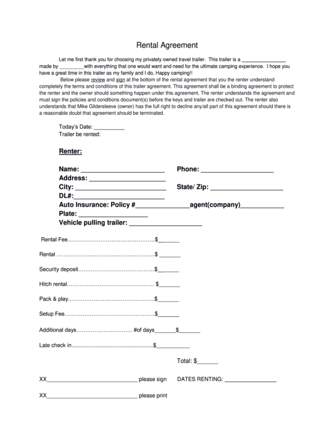 Free Trailer Rental Contract Template