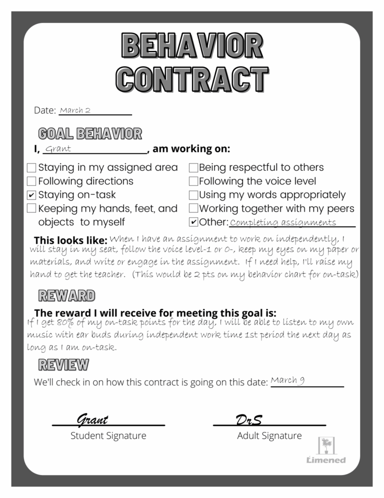 Middle School Behavior Contract Template