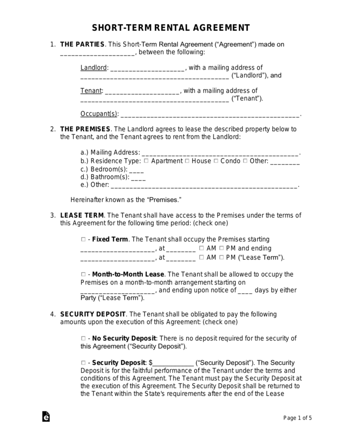 Short Term Rental Contract Template