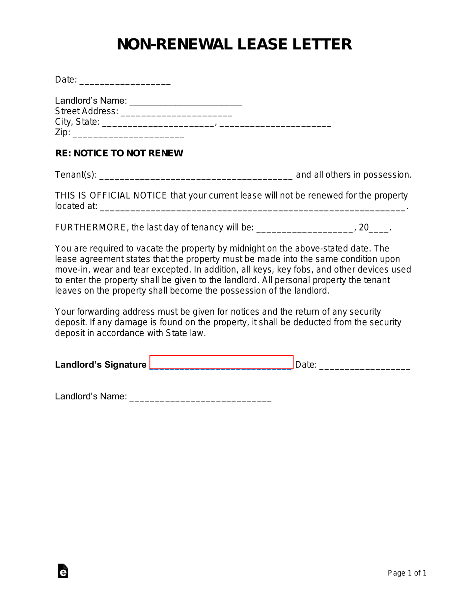60 Day Non Renewal Notice Template