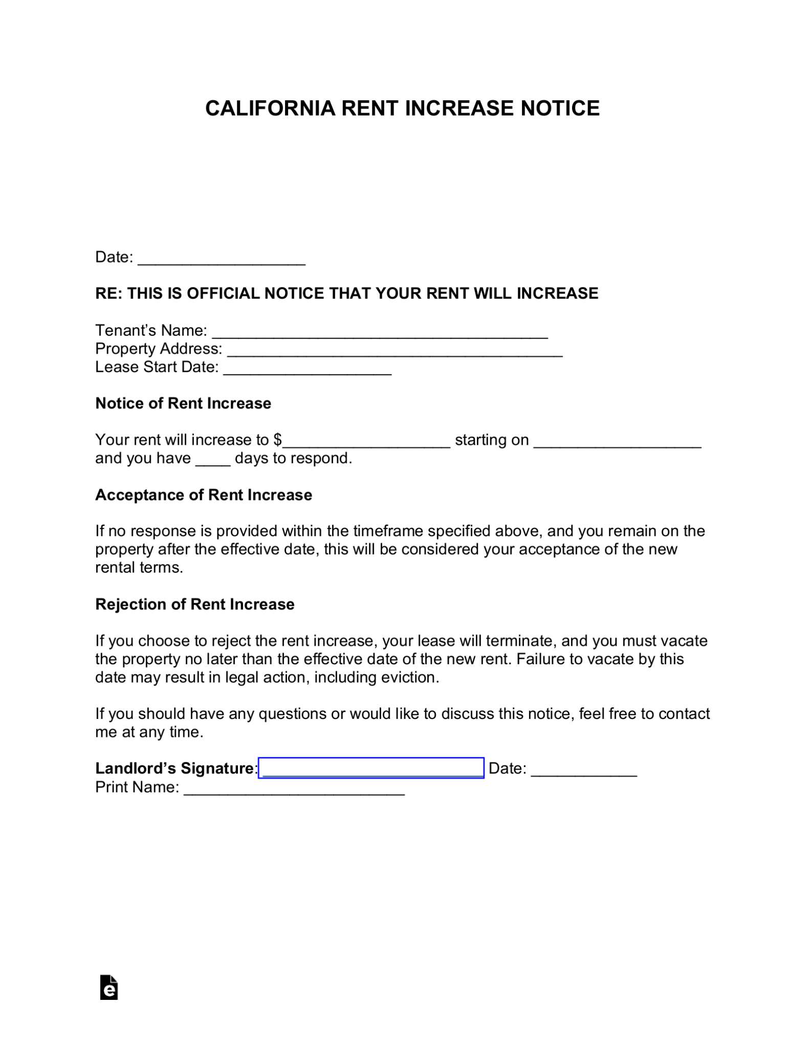 California Rent Increase Notice Template