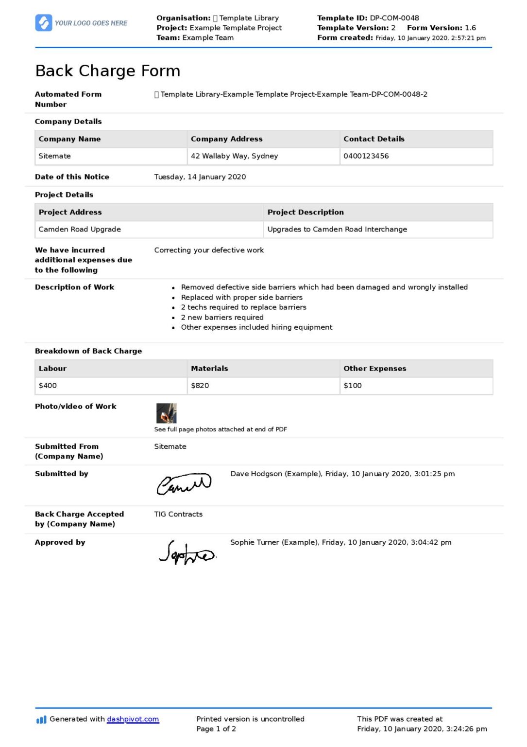 Construction Back Charge Notice Template