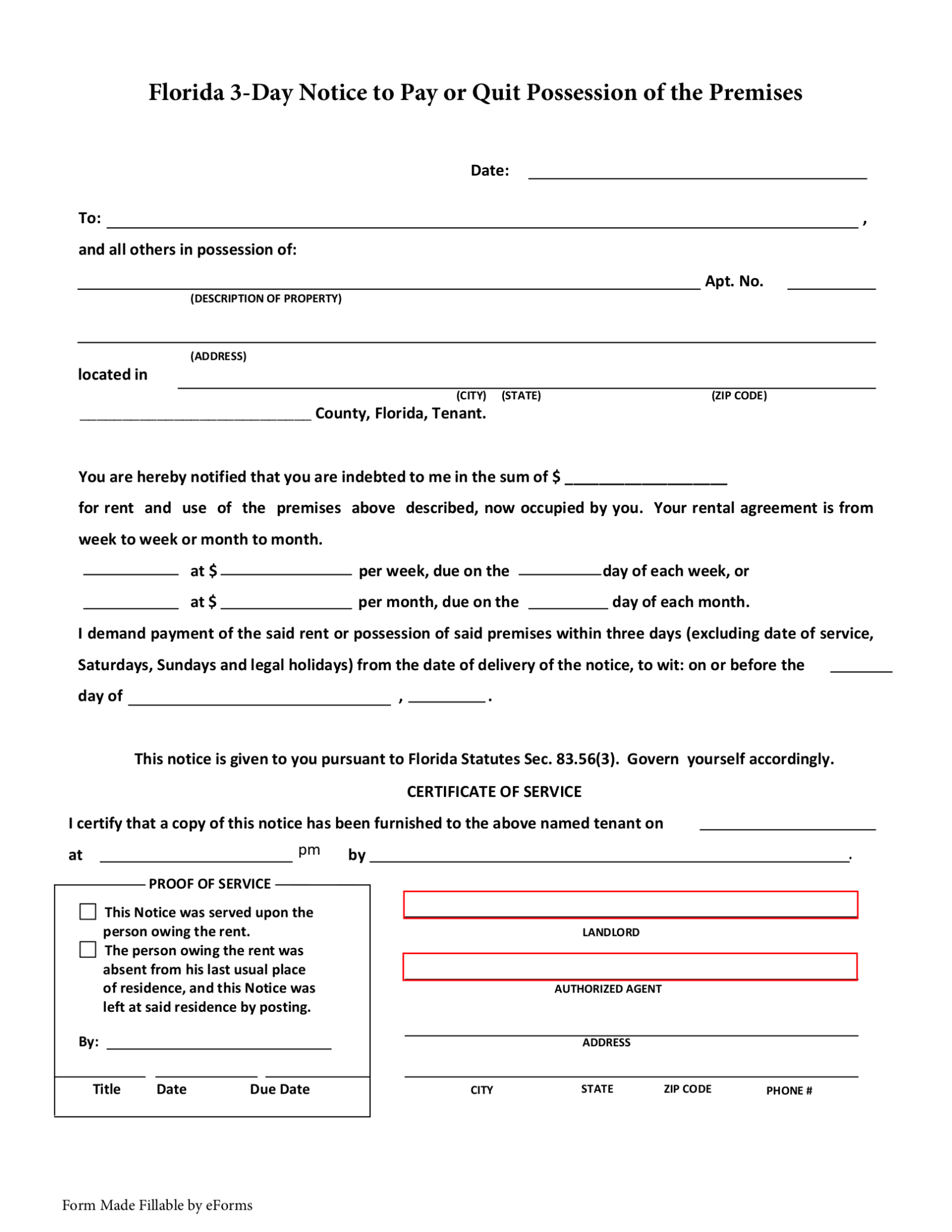 Florida 3 Day Notice Template
