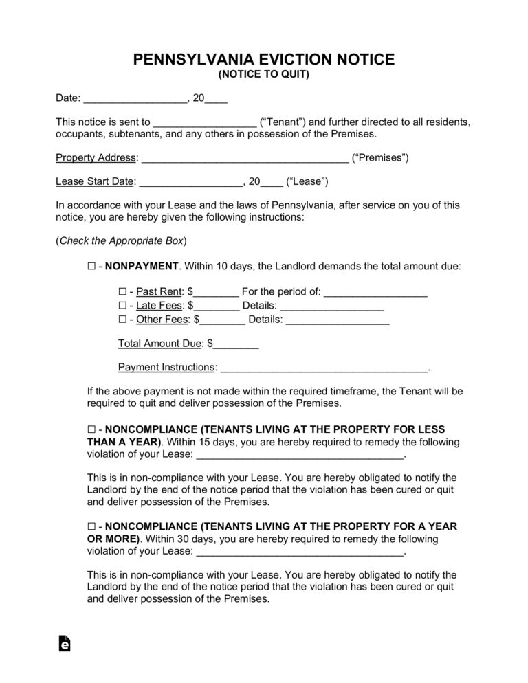 Free Pennsylvania Eviction Notice Template