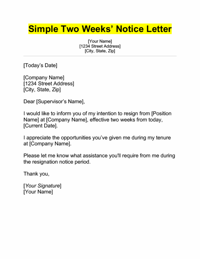 Generic 2 Weeks Notice Template