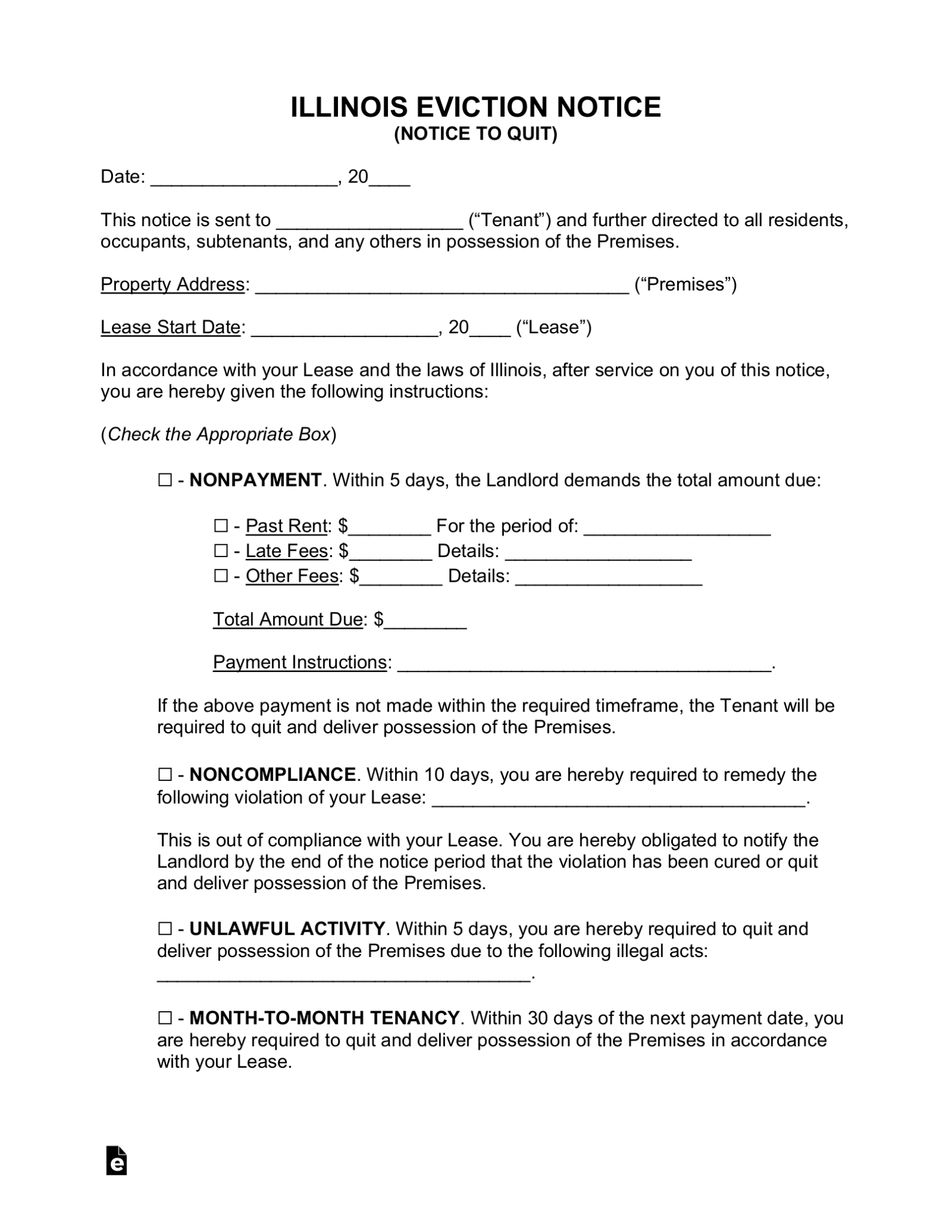 Illinois 30 Day Eviction Notice Template