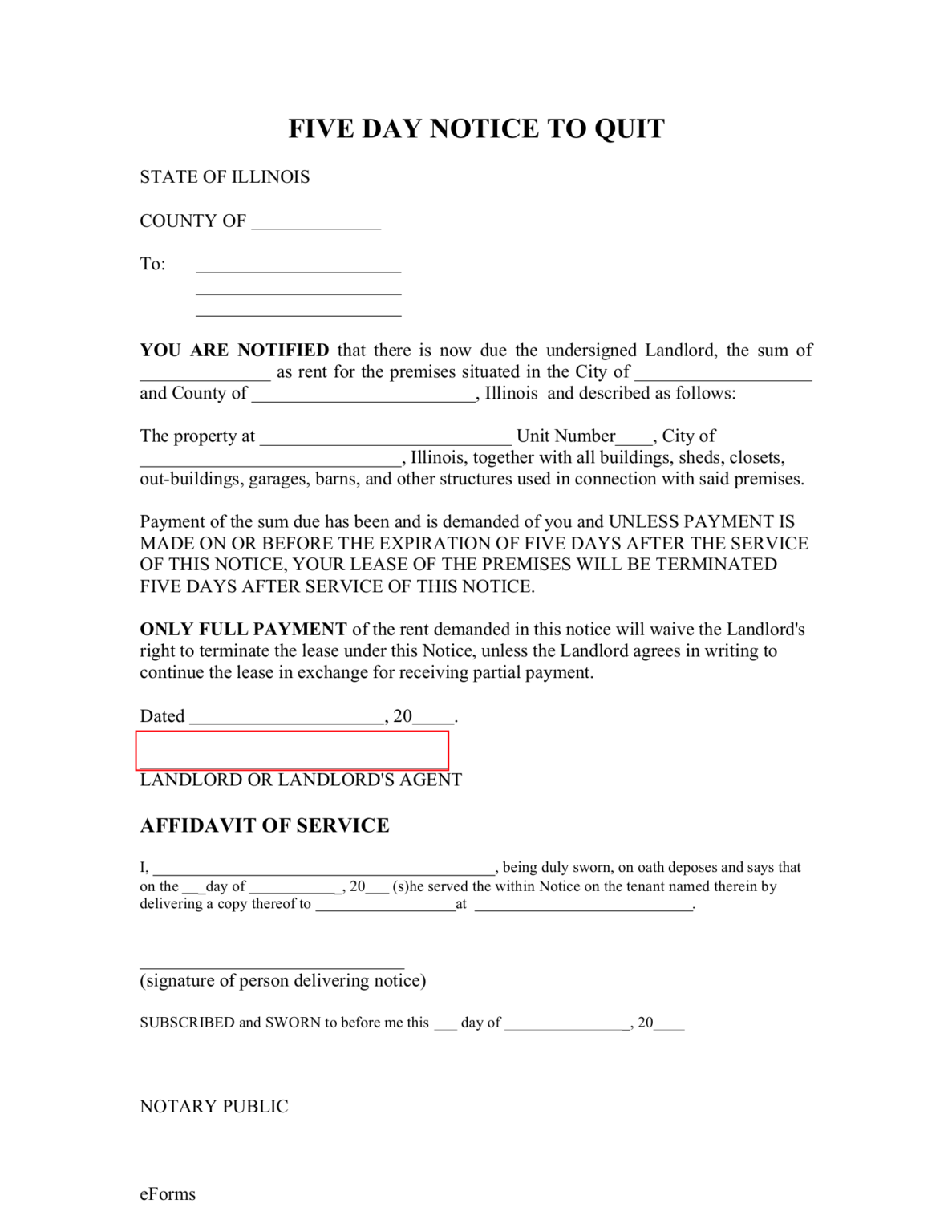Illinois 5 Day Notice Template