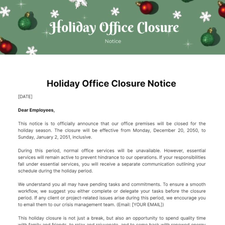 Holiday Office Closure Notice Template