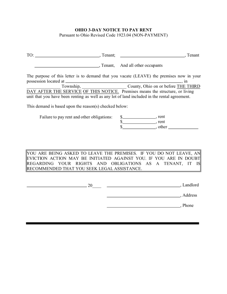 Ohio 3 Day Eviction Notice Template