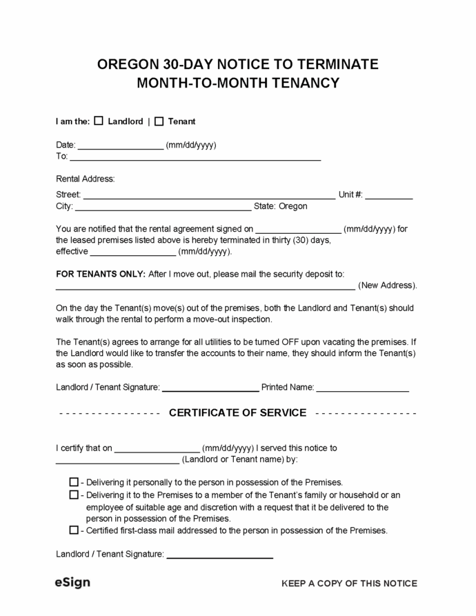 Oregon 30 Day Eviction Notice Template