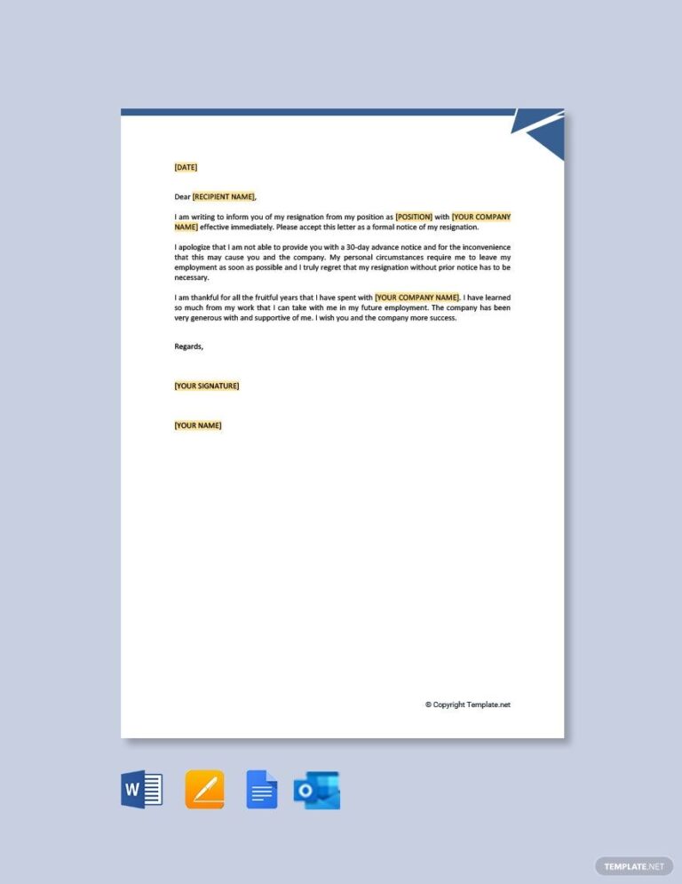 Resignation Letter Without Notice Template
