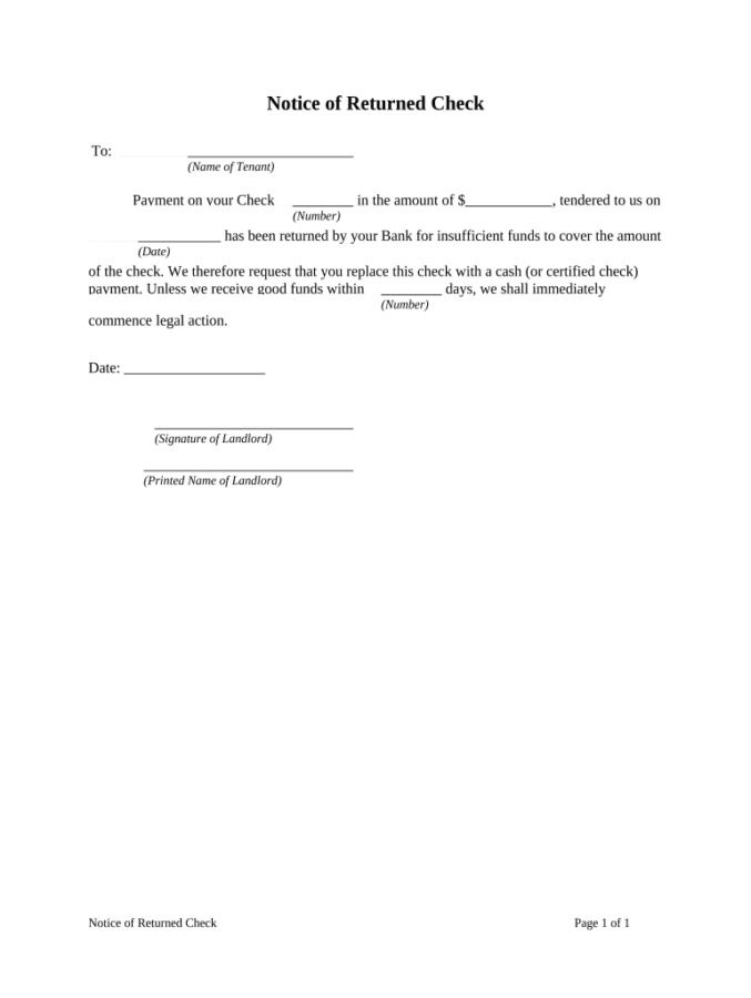 Returned Check Fee Notice Template