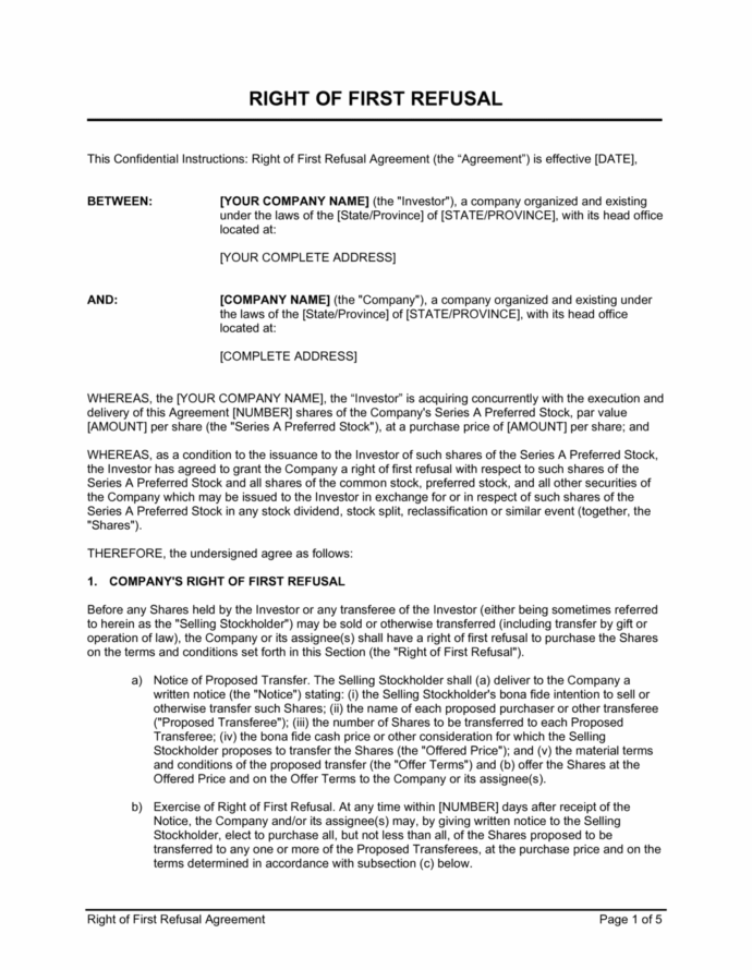 Right of First Refusal Notice Template