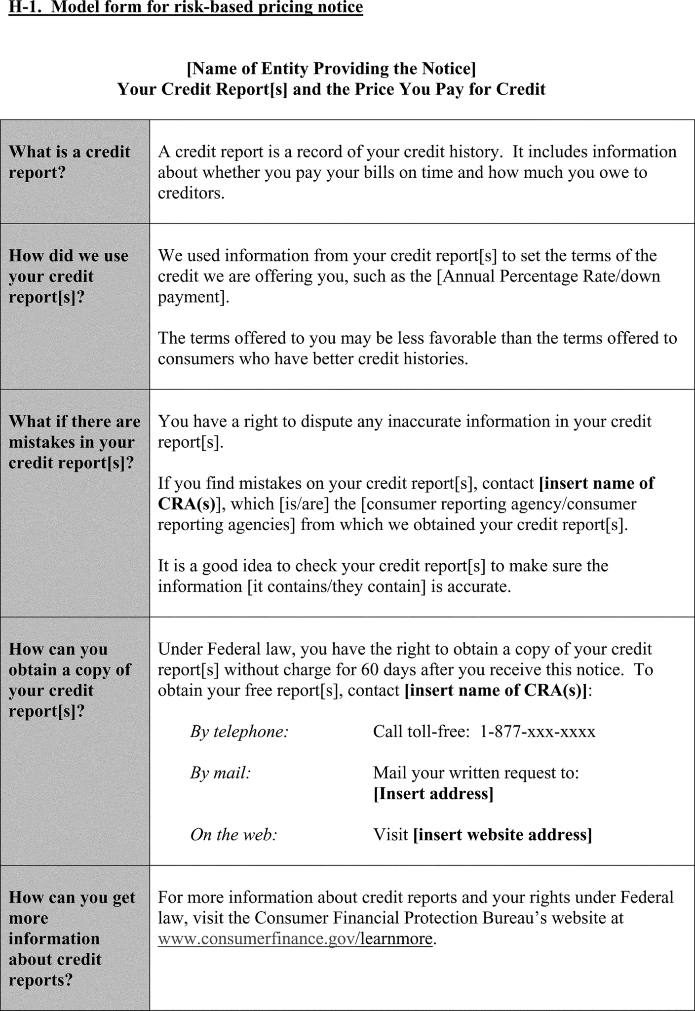 Risk Based Pricing Notice Template