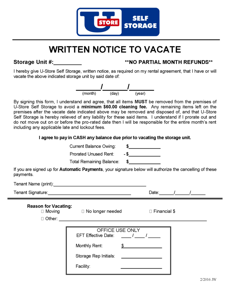 Self Storage Eviction Notice Template
