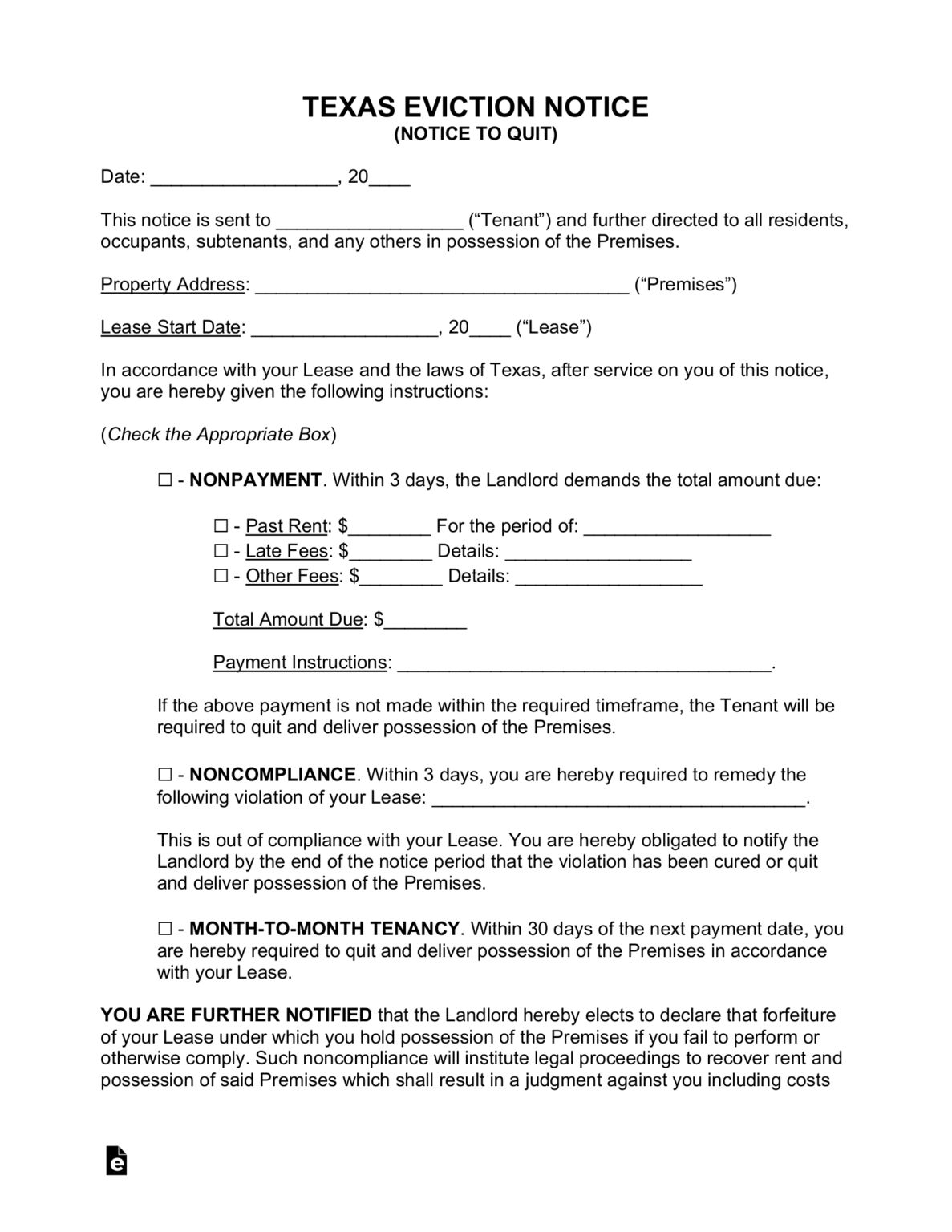 Texas 30 Day Eviction Notice Template
