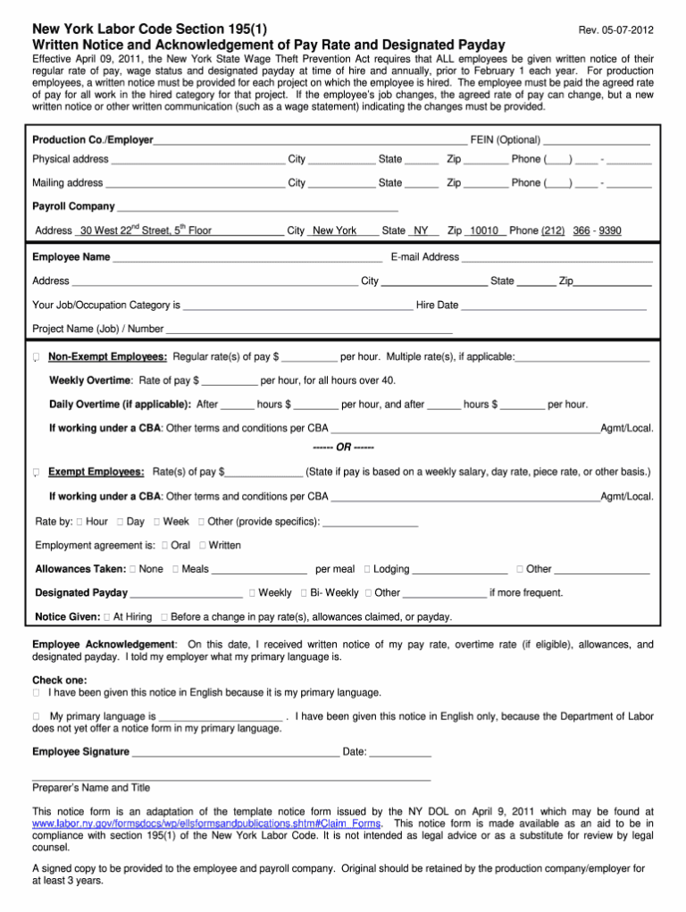Wage Theft Prevention Act Notice Template