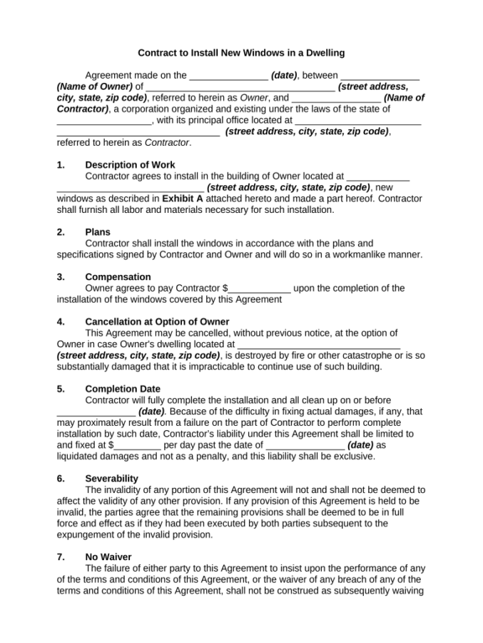 Window Replacement Installation Contract Template
